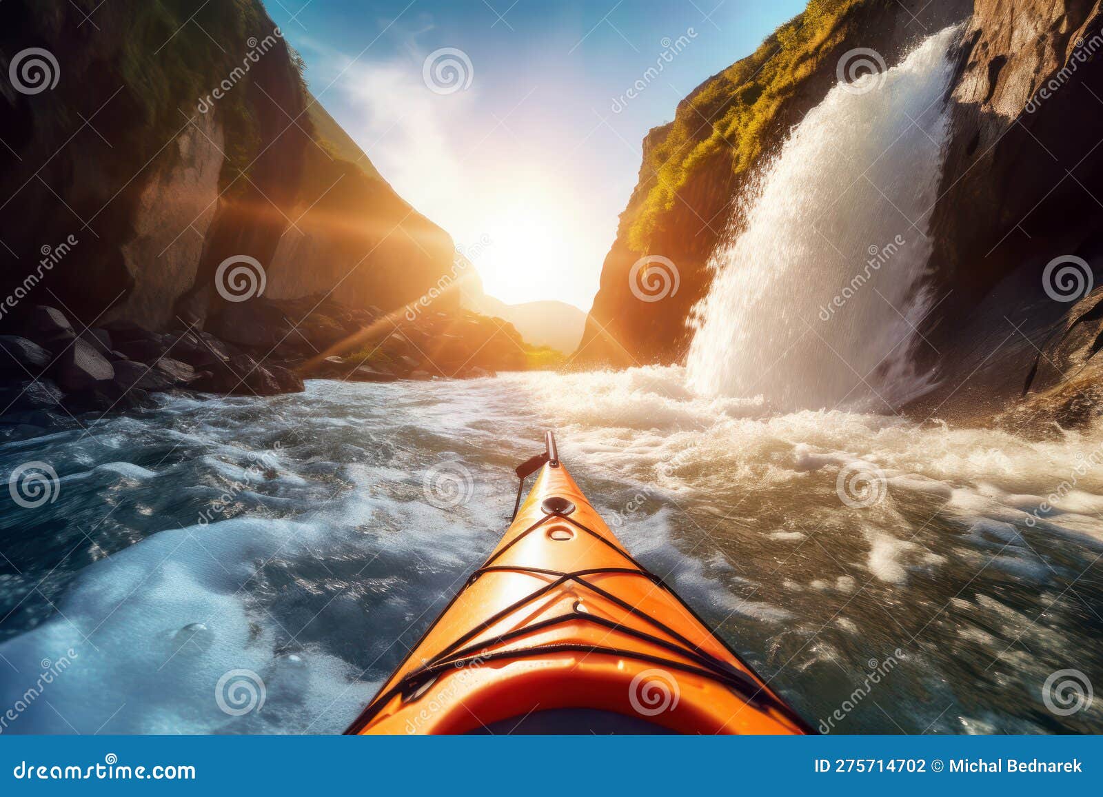 Extreme Kayaking Down the Wild River in Mountains at Sunset, POV ...