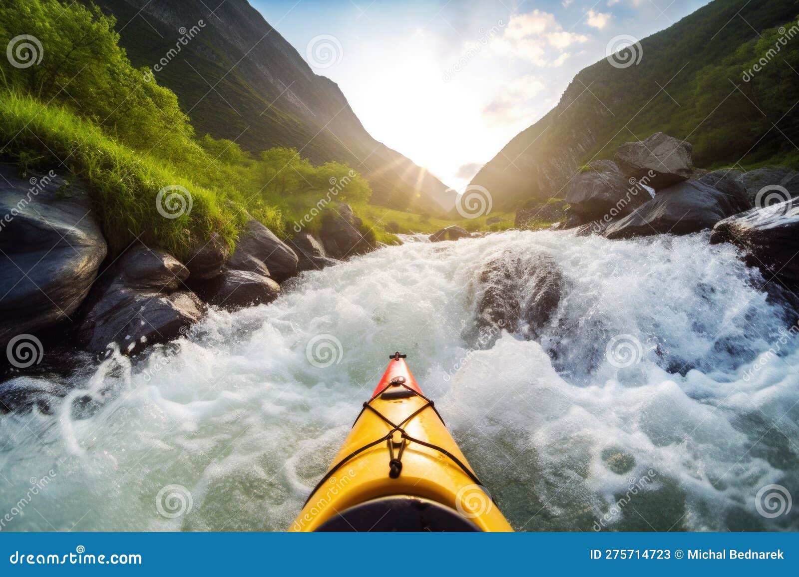 Extreme Kayaking Down the Wild River in Mountains at Sunset, POV ...