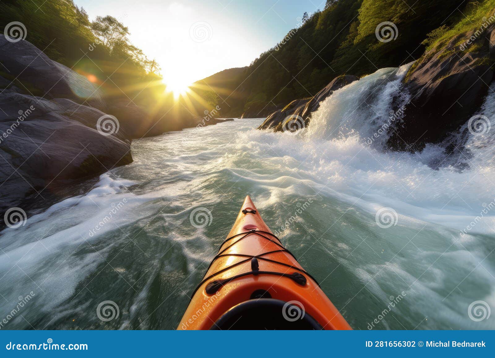 Extreme Kayaking Down the Wild River in Mountains at Sunset, POV ...