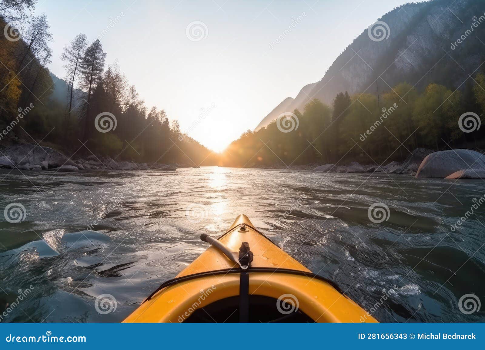 Extreme Kayaking Down the Wild River in Mountains at Sunset, POV ...