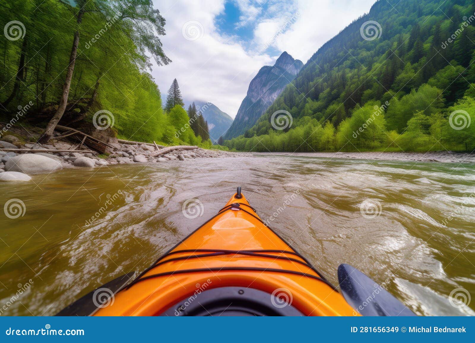 Extreme Kayaking Down the Wild River in Mountains at Sunset, POV ...