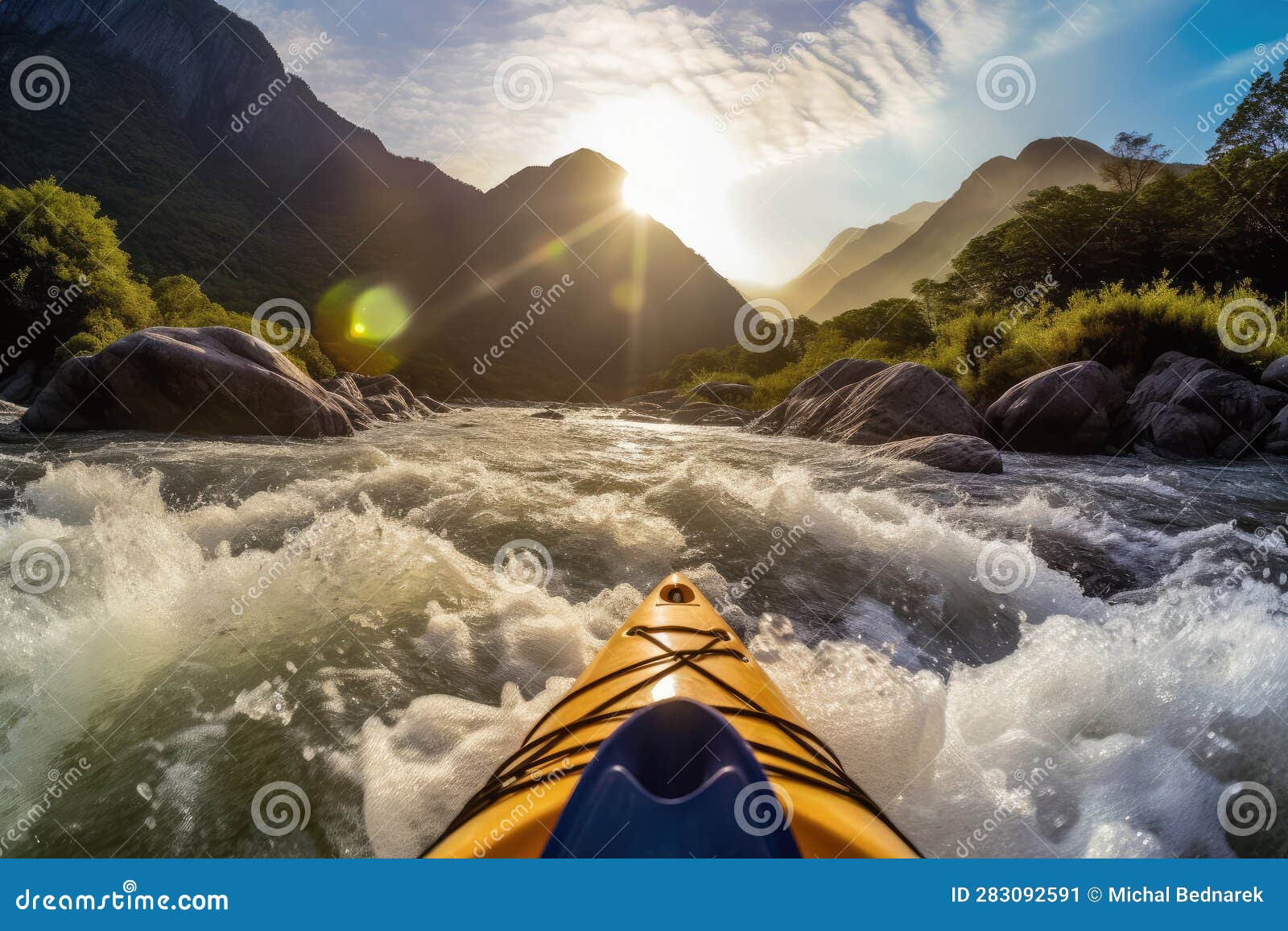Extreme Kayaking Down the Wild River in Mountains at Sunset, POV ...