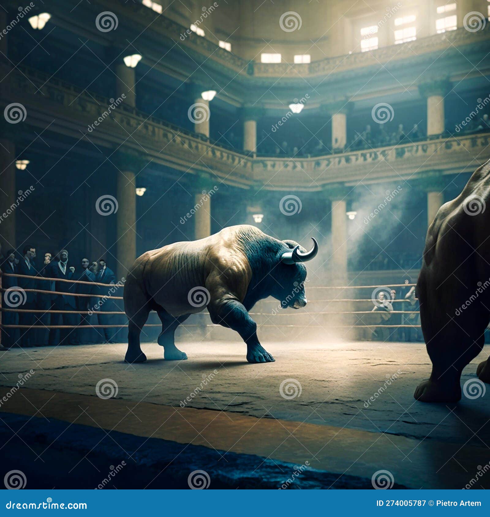 Extreme Long Range Fight in the Ring between Bull and Man, Generative ...