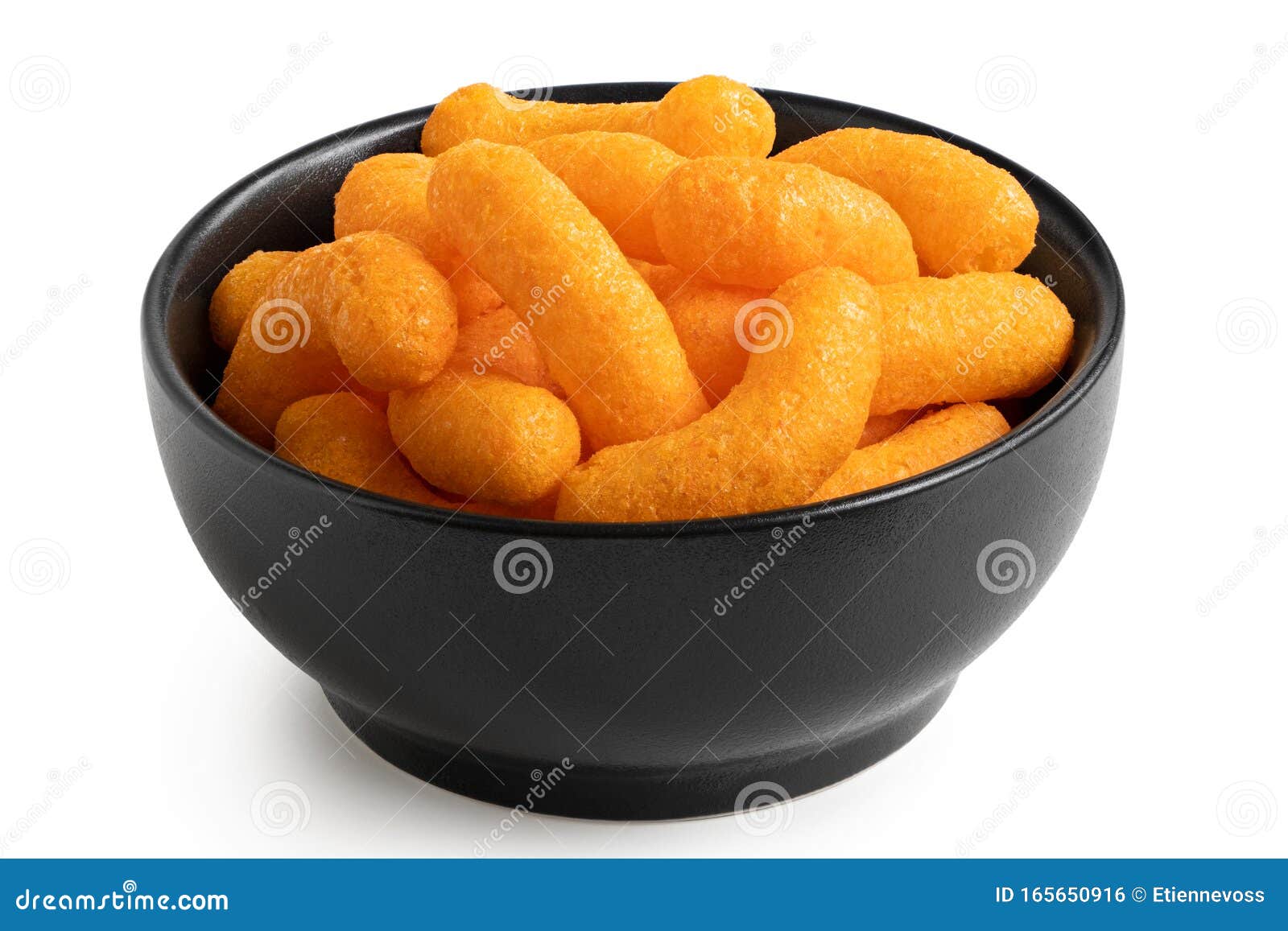 Extruded Cheese Puffs in a Black Ceramic Bowl Isolated on White Stock ...