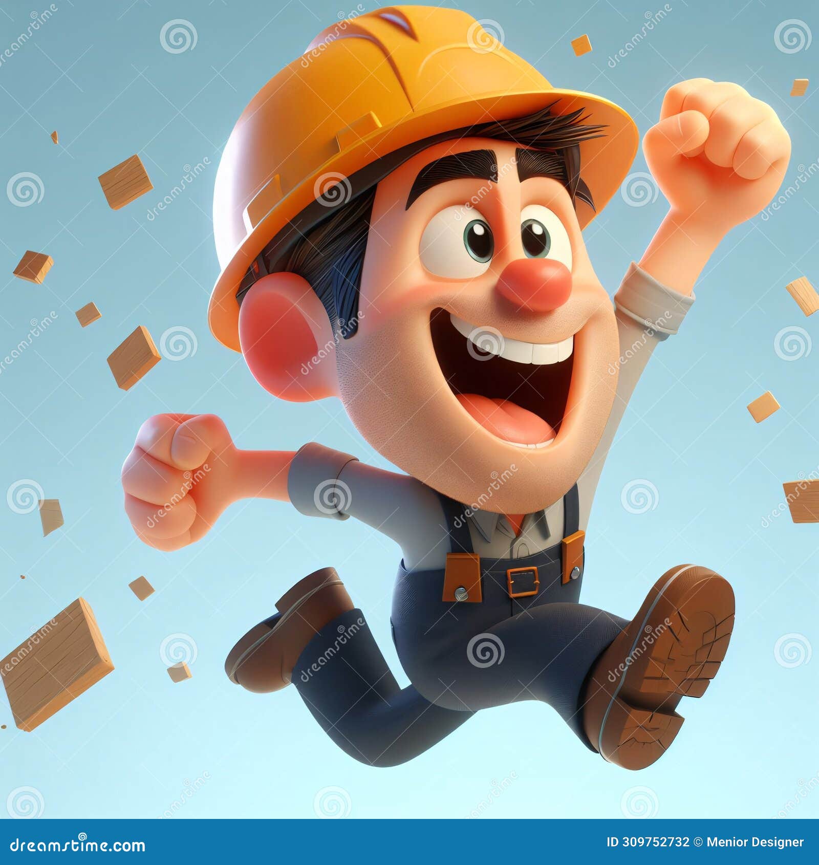 Exuberant 3D Cartoon Worker, Jumping Joyfully, Exaggerated Features ...