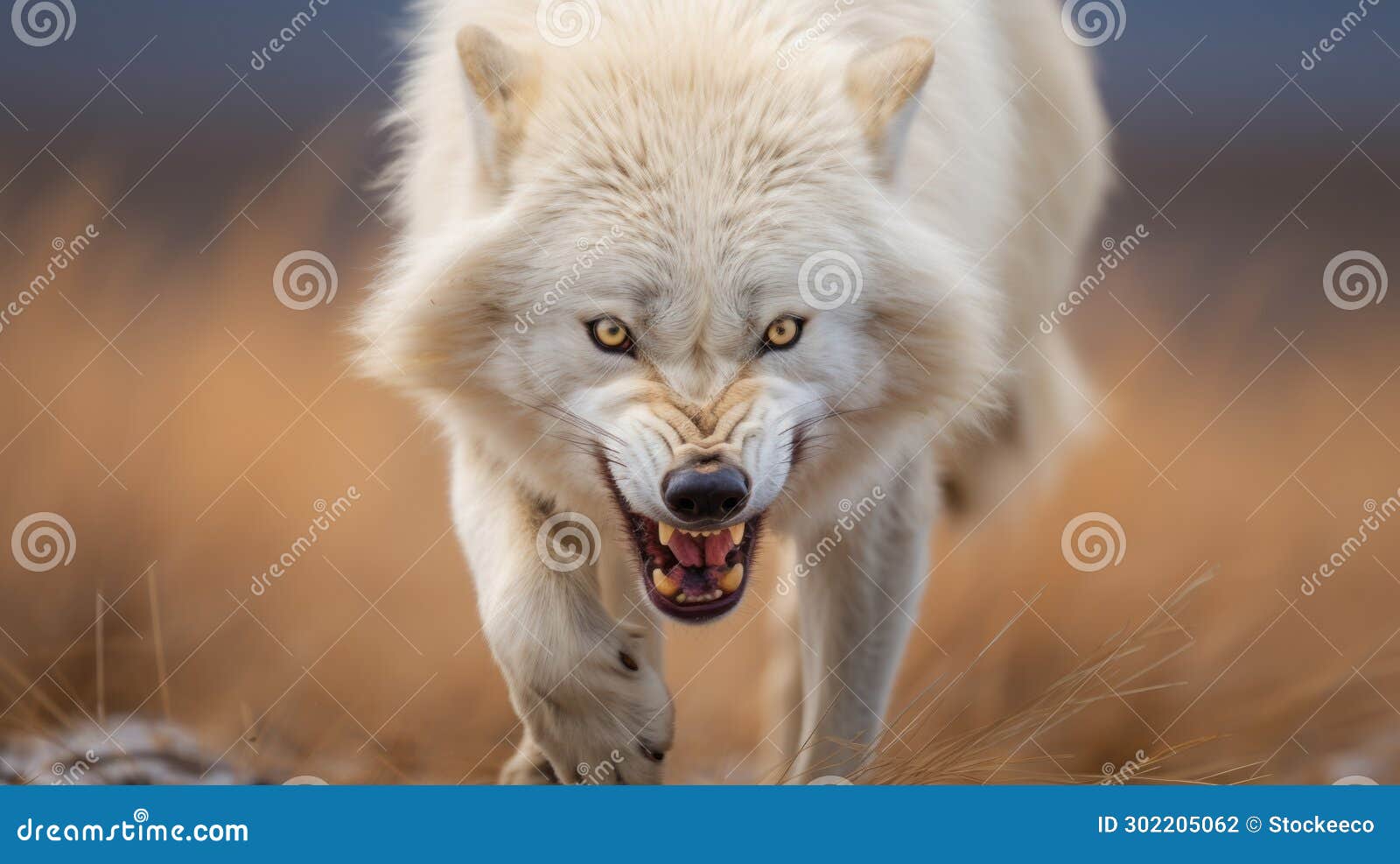 Eye-catching Composition: Lone White Wolf Running with Open Mouth Stock ...