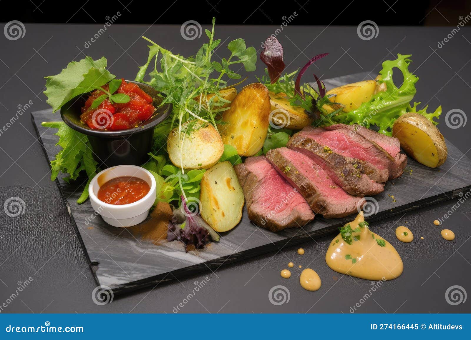 Eye-catching Presentation of Steak and Potato Dinner with Herbs, Spices ...