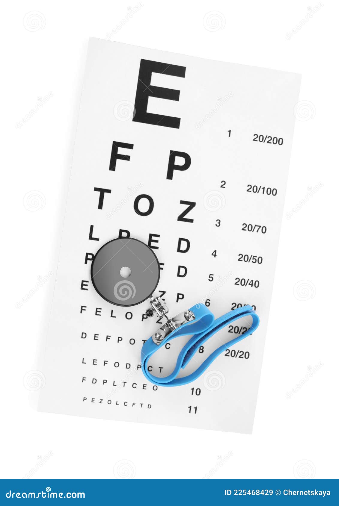 Eye Chart Test and Head Mirror on White, Top View. Ophthalmologist ...