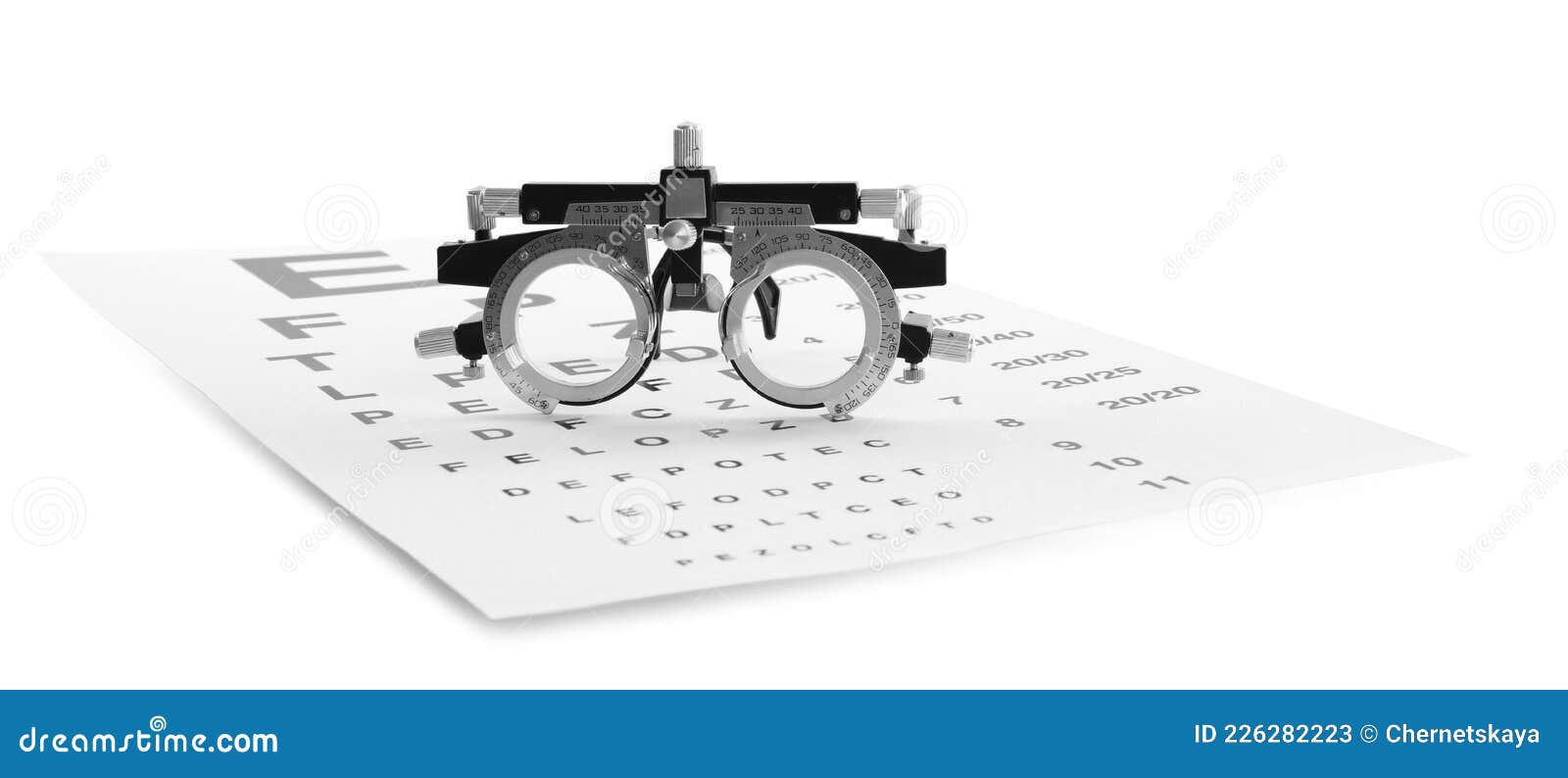 Eye Chart Test and Trial Frame on White Background. Ophthalmologist ...