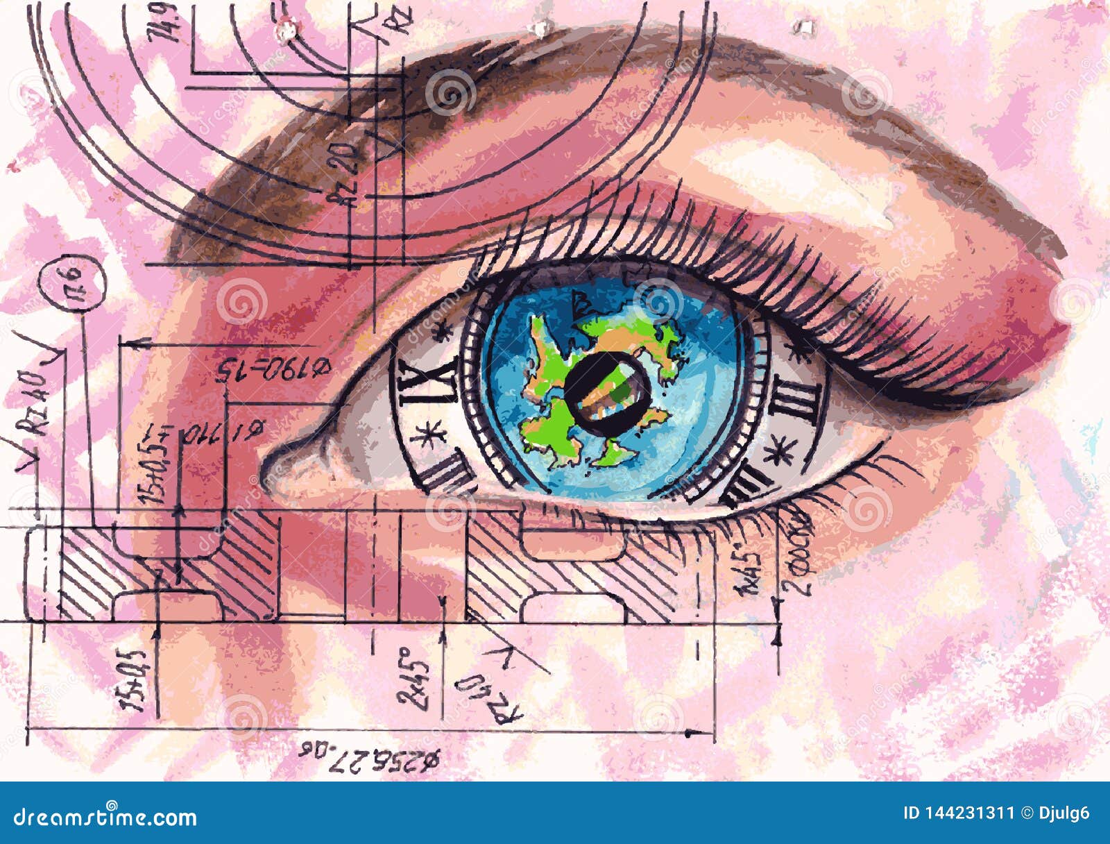 Eye-clock with Reflection of the World. Watercolor Vector. Steampunk ...