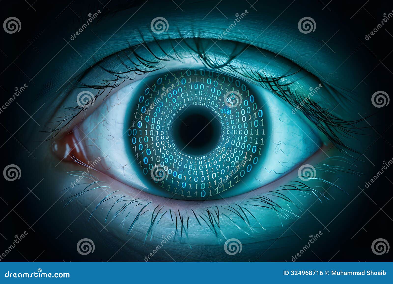 Eye with Digital Matrix of Binary Numbers Streaming Across Iris Stock ...