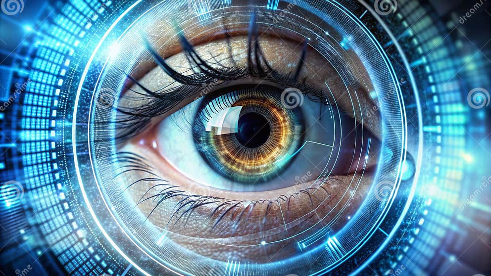Eye of the Future Digital Interface, Close-up, Futuristic Technology, Biometric Security, Iris ...