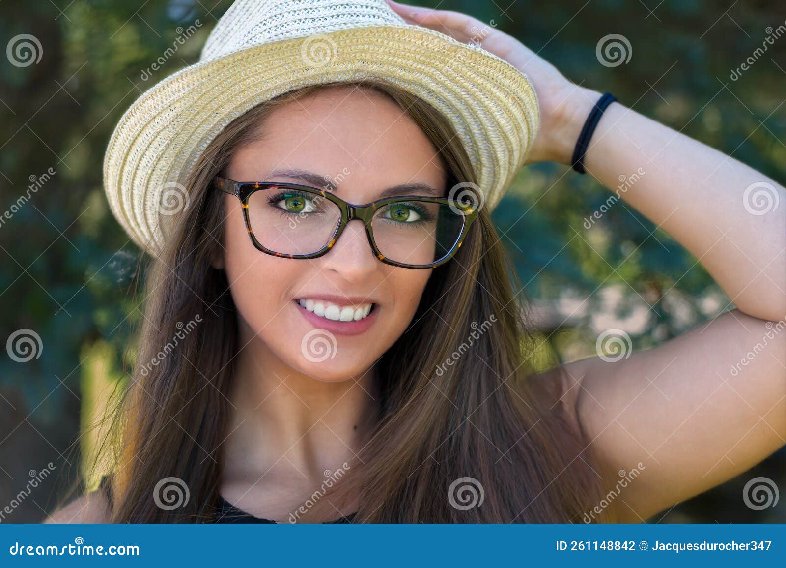 Young Woman Outside Wearing Eye Glasses And Straw Hat Optometry Fashion