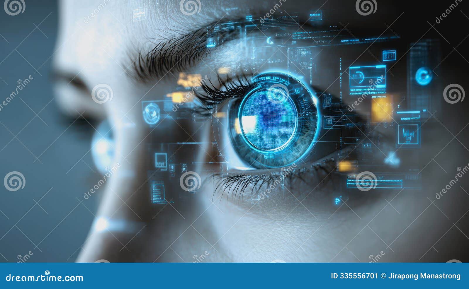 Eye Interacting with Futuristic HUD Display, Biometric Data, and ...