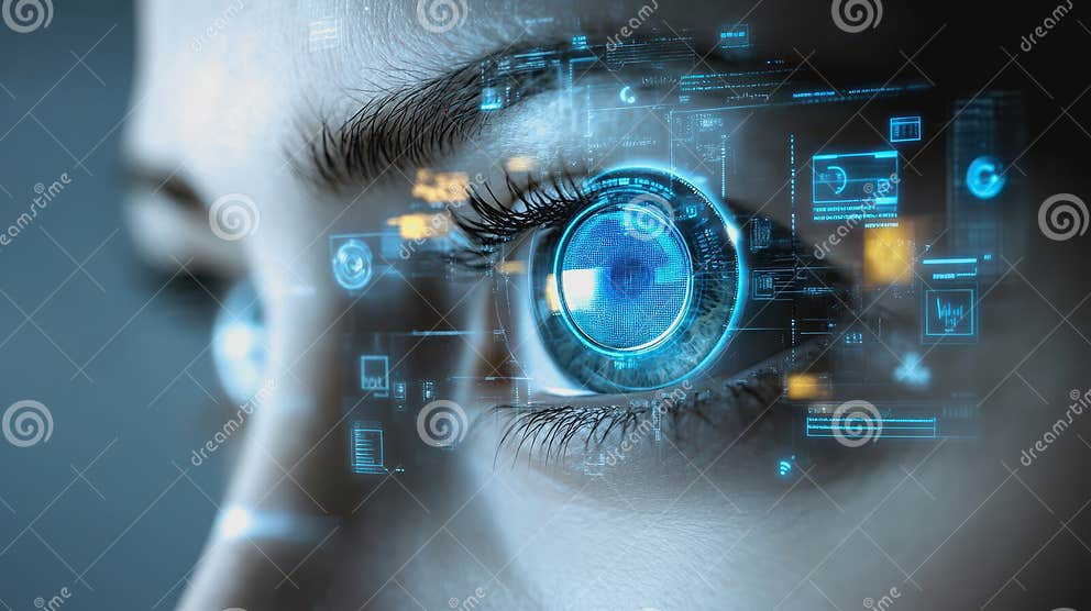 Eye Interacting with Futuristic HUD Display, Biometric Data, and ...