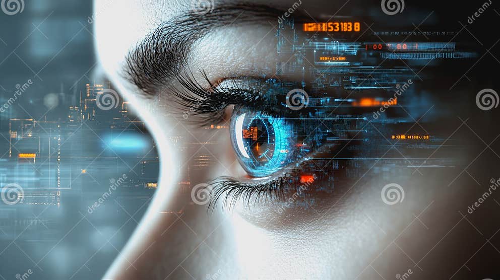 Eye Interacting with Futuristic HUD Display, Biometric Data, and ...