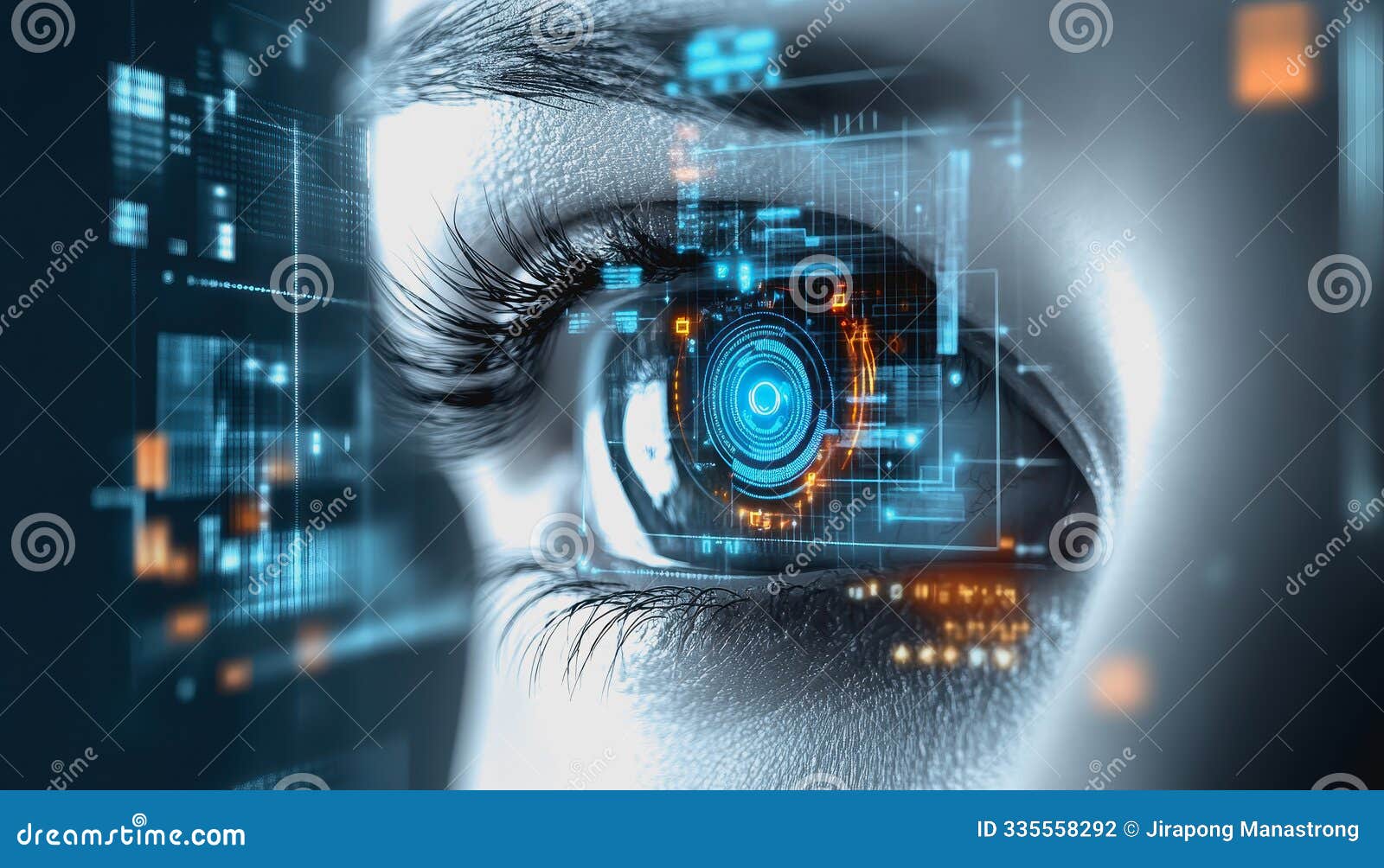 Eye Interacting with Futuristic HUD Display, Biometric Data, and ...