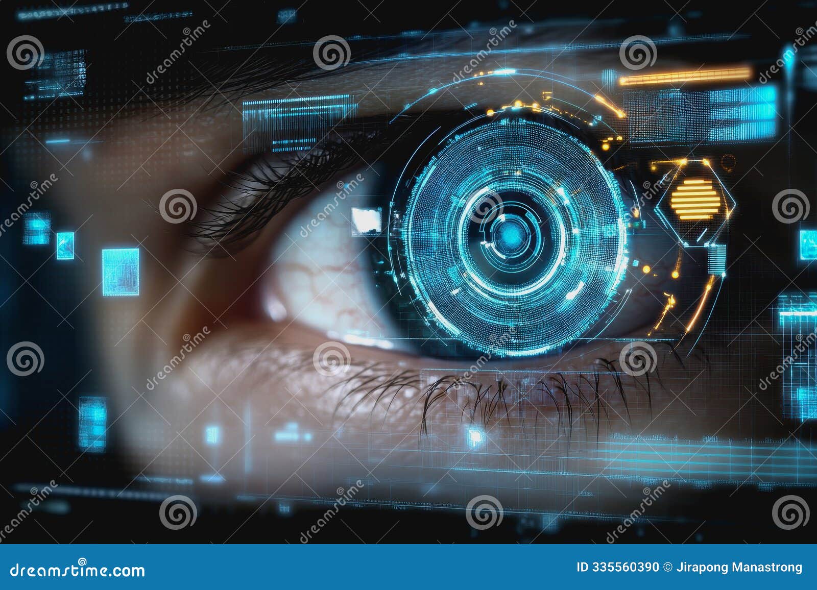 Eye Interacting with Futuristic HUD Display, Biometric Data, and ...