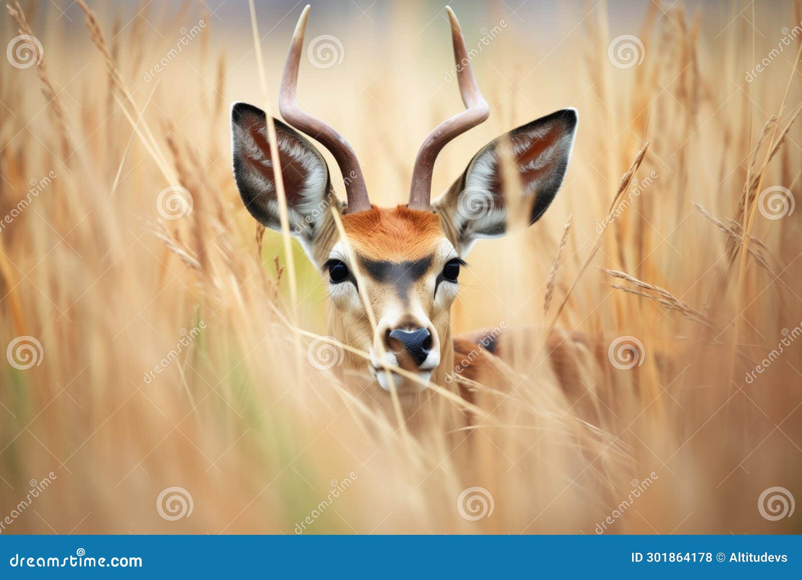 Eye-level Shot of Springbok Camouflaged in Grass Stock Photo - Image of ...