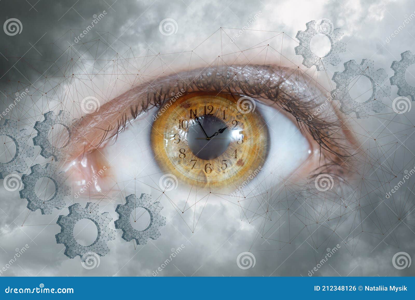 Eye with the Reflection of the Clock on the Background of the Sky Stock ...