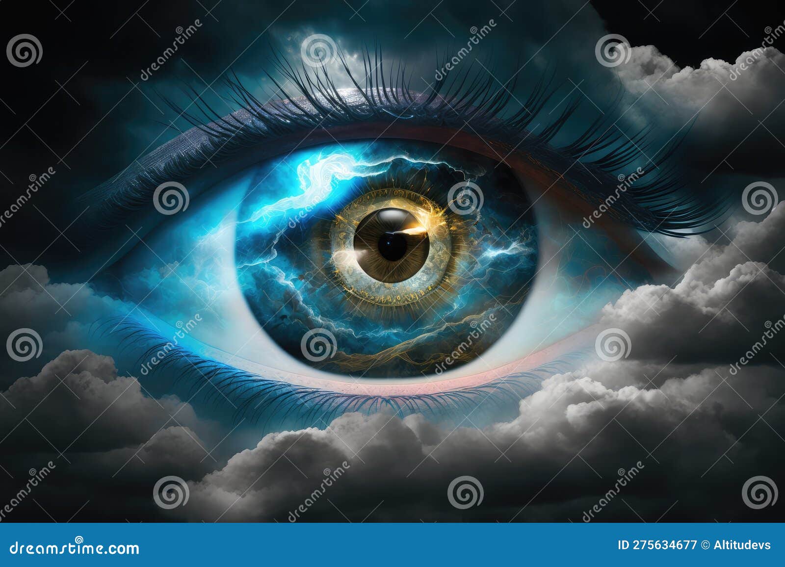 Eye on a Stormy Sky, with Lightning Bolts and Rolling Clouds Stock ...