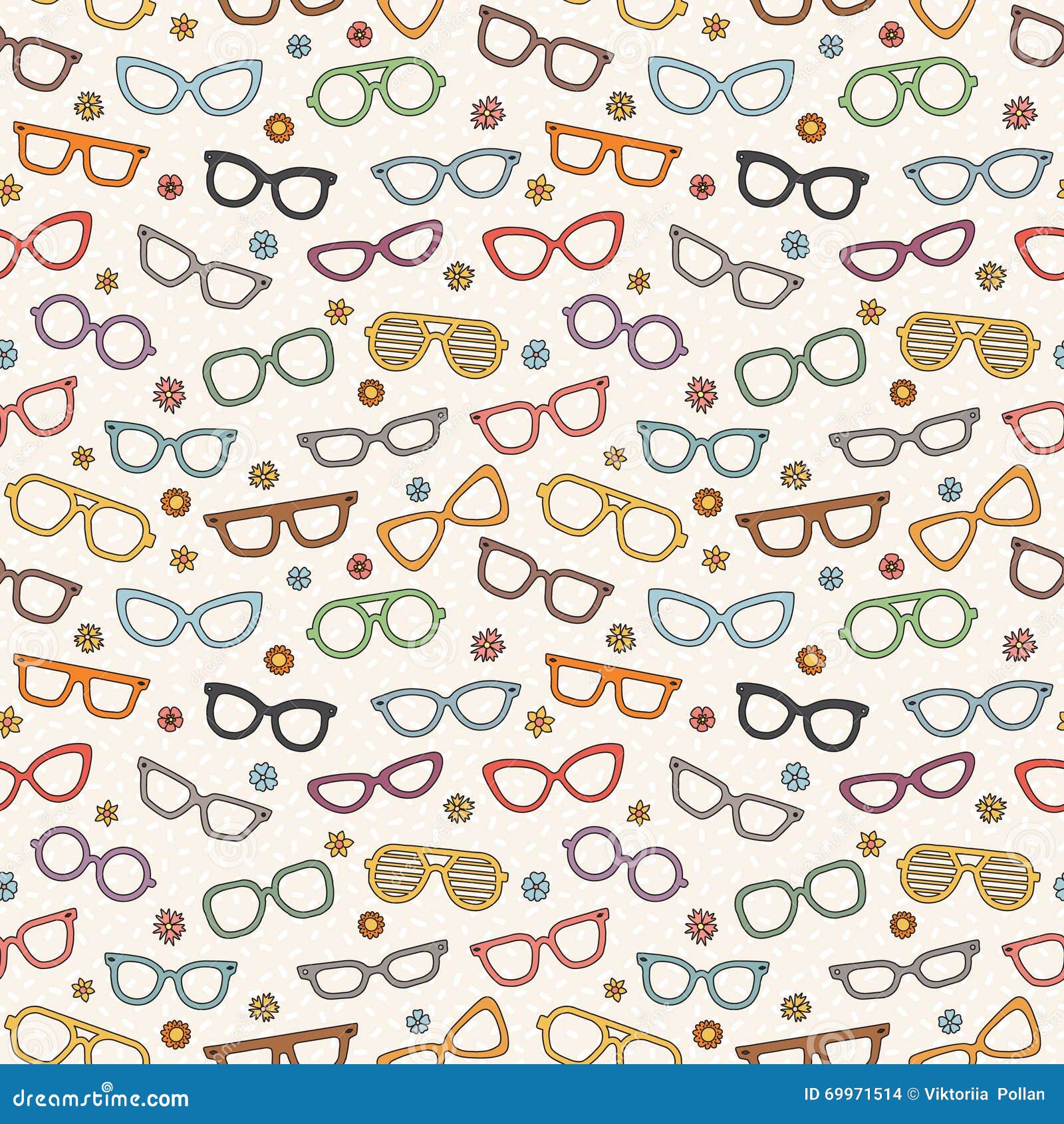 Eyeglasses Doodle Multicolored Vector Seamless Pattern with Flowers ...