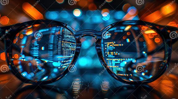 Eyeglasses Reflecting Complex Code and Data Patterns Closeup Image, Ai ...