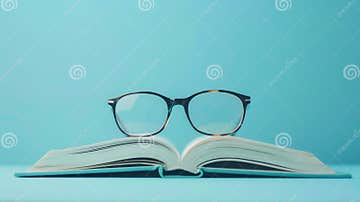 Eyeglasses Sit on an Open Book on a Light Blue Background. Generative ...