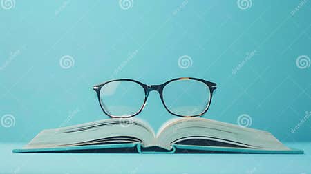 Eyeglasses Sit on an Open Book on a Light Blue Background. Generative ...
