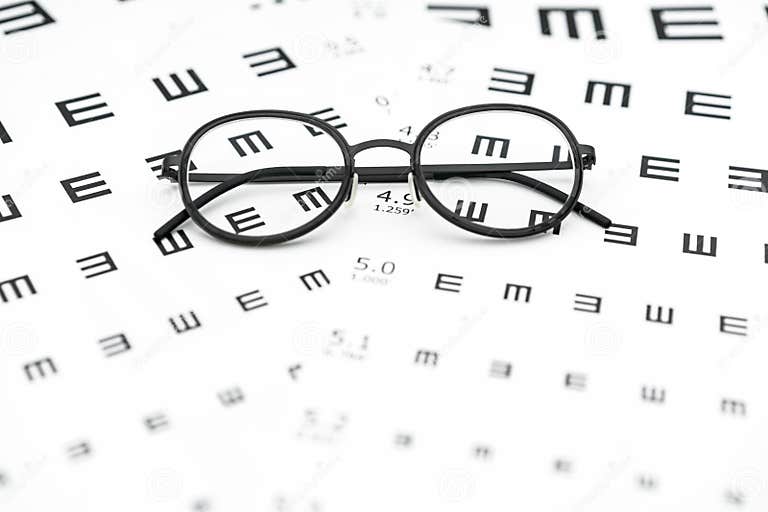 Eyeglasses and Visual Acuity Chart in White Background Stock Photo ...