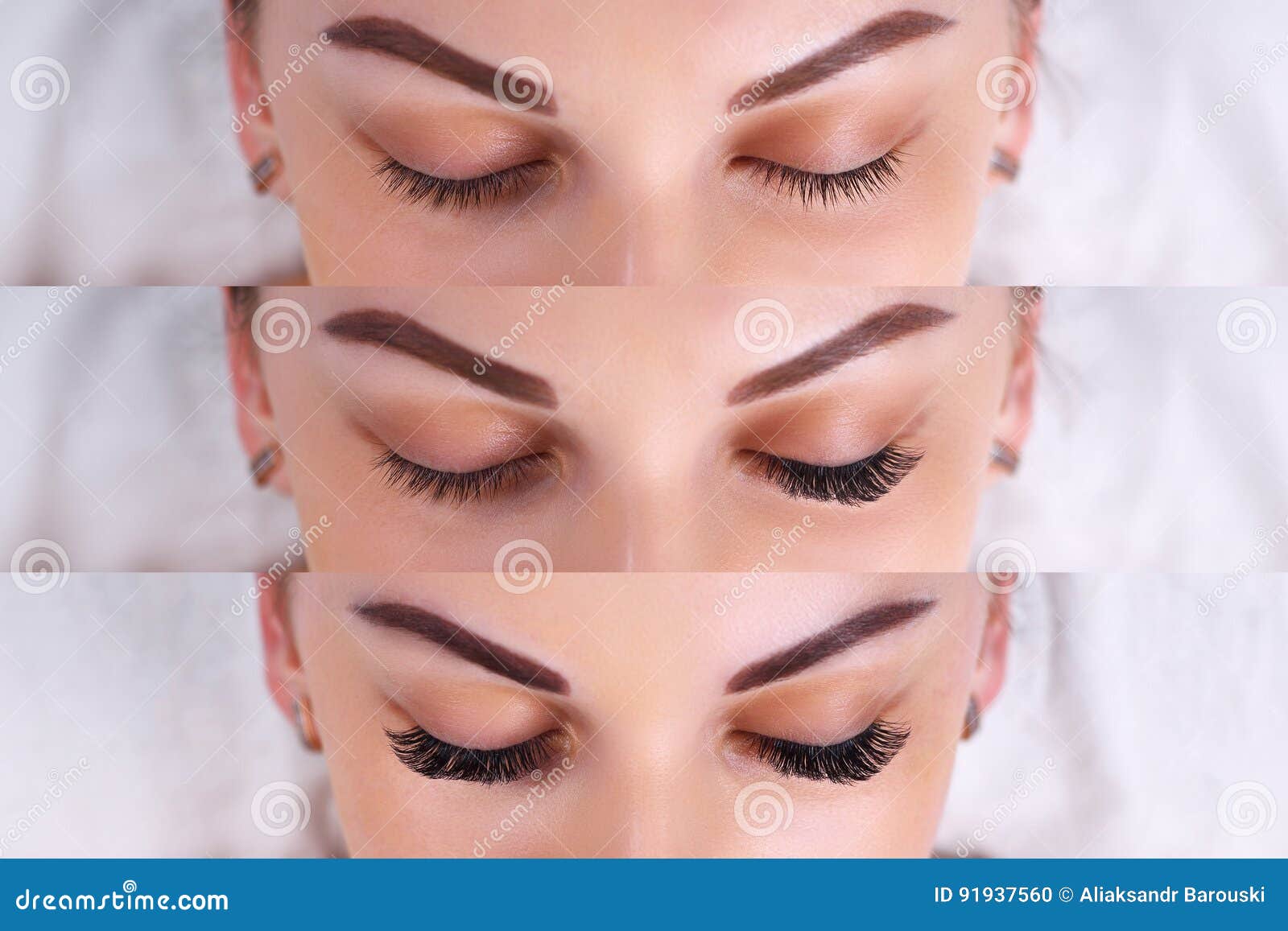 Eyelash Extension Procedure. Comparison of Female Eyes before and after ...
