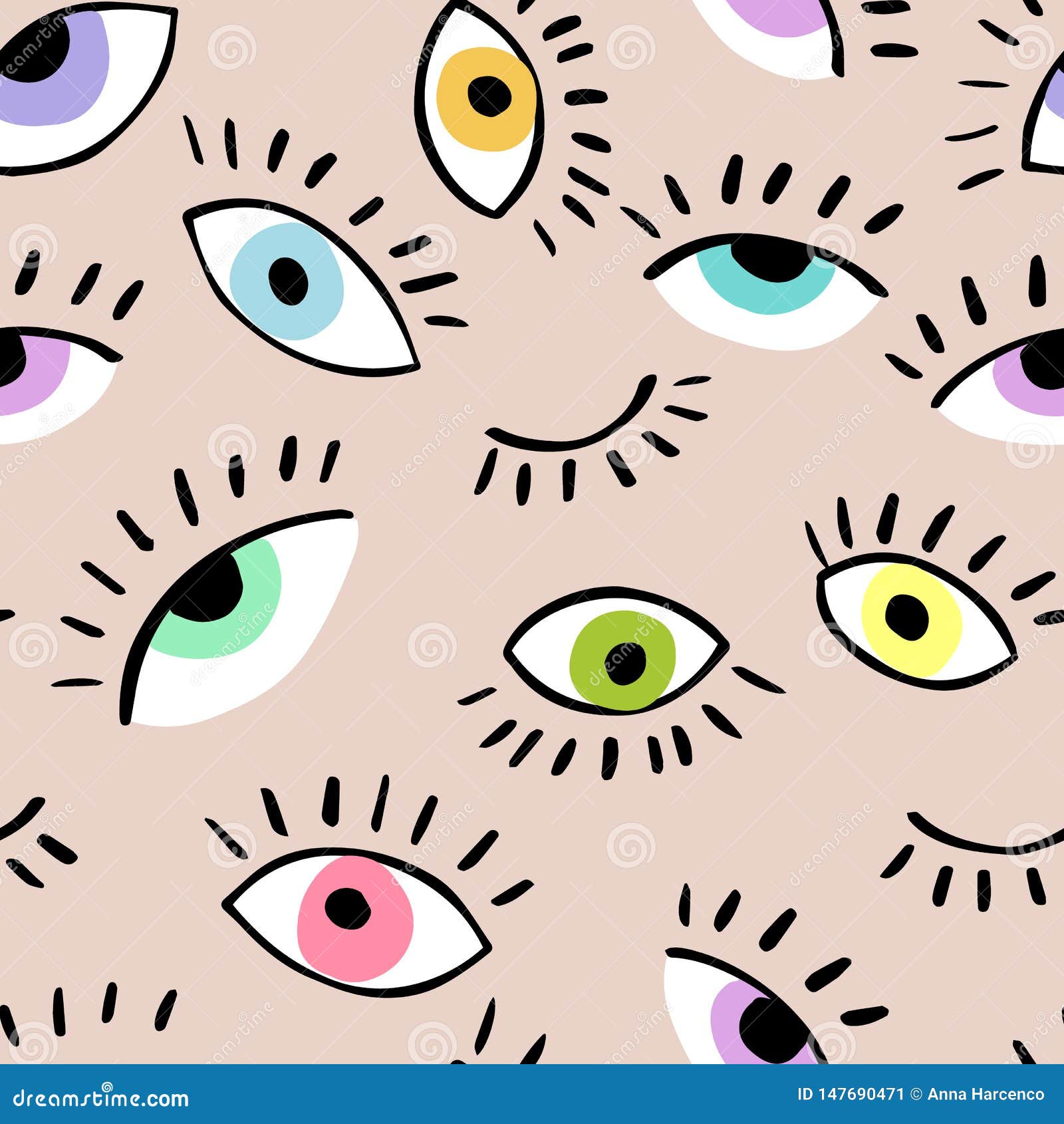 Eyes Doodle Vector Hand Drawn Seamless Pattern. Closed and Open Eye ...