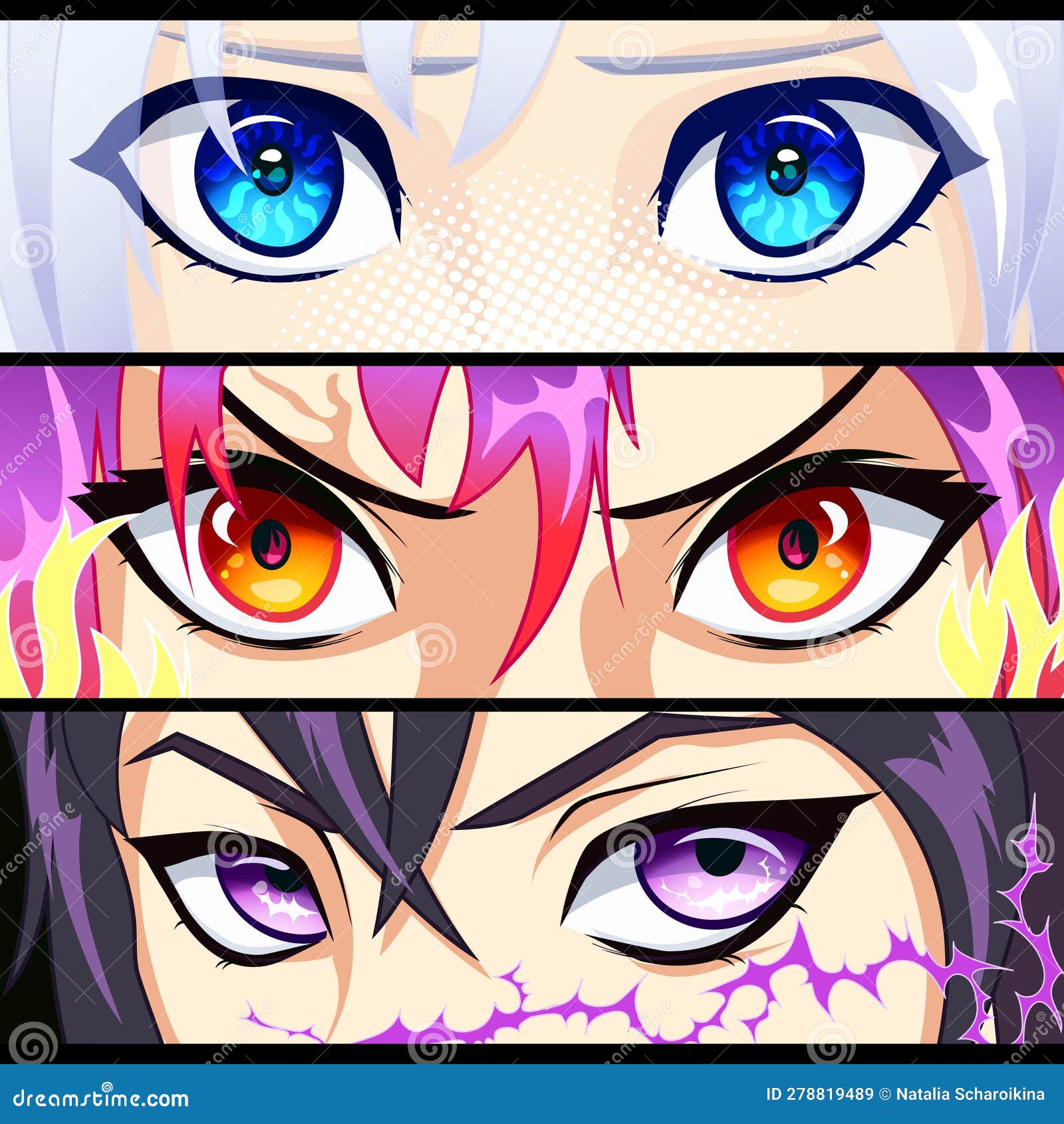 Eyes of Girls and Boys with Superpowers in Manga Style. Stock Vector ...