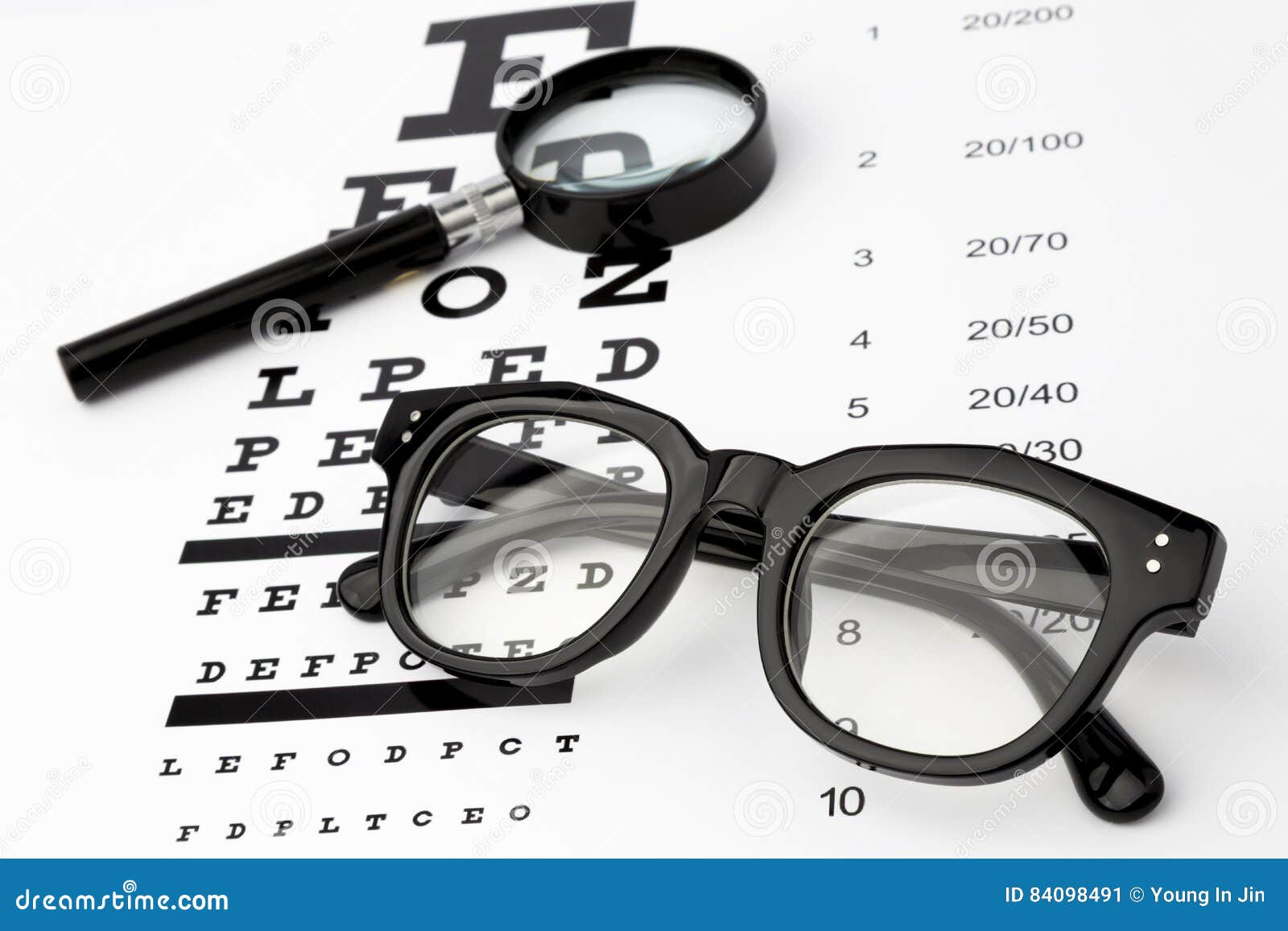 Eyesight Test with Black Small Magnifier, Glasses and Snellen Chart ...