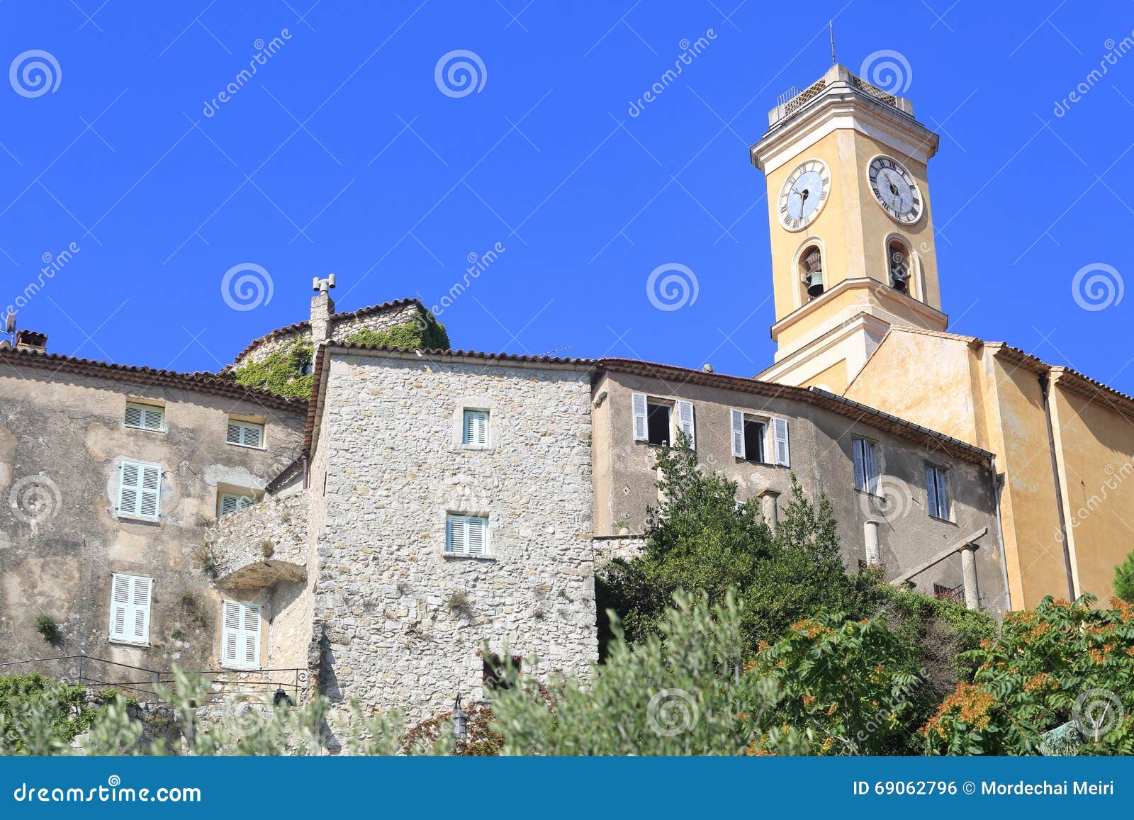 Eze church stock photo. Image of yellow, riviera, clock - 69062796
