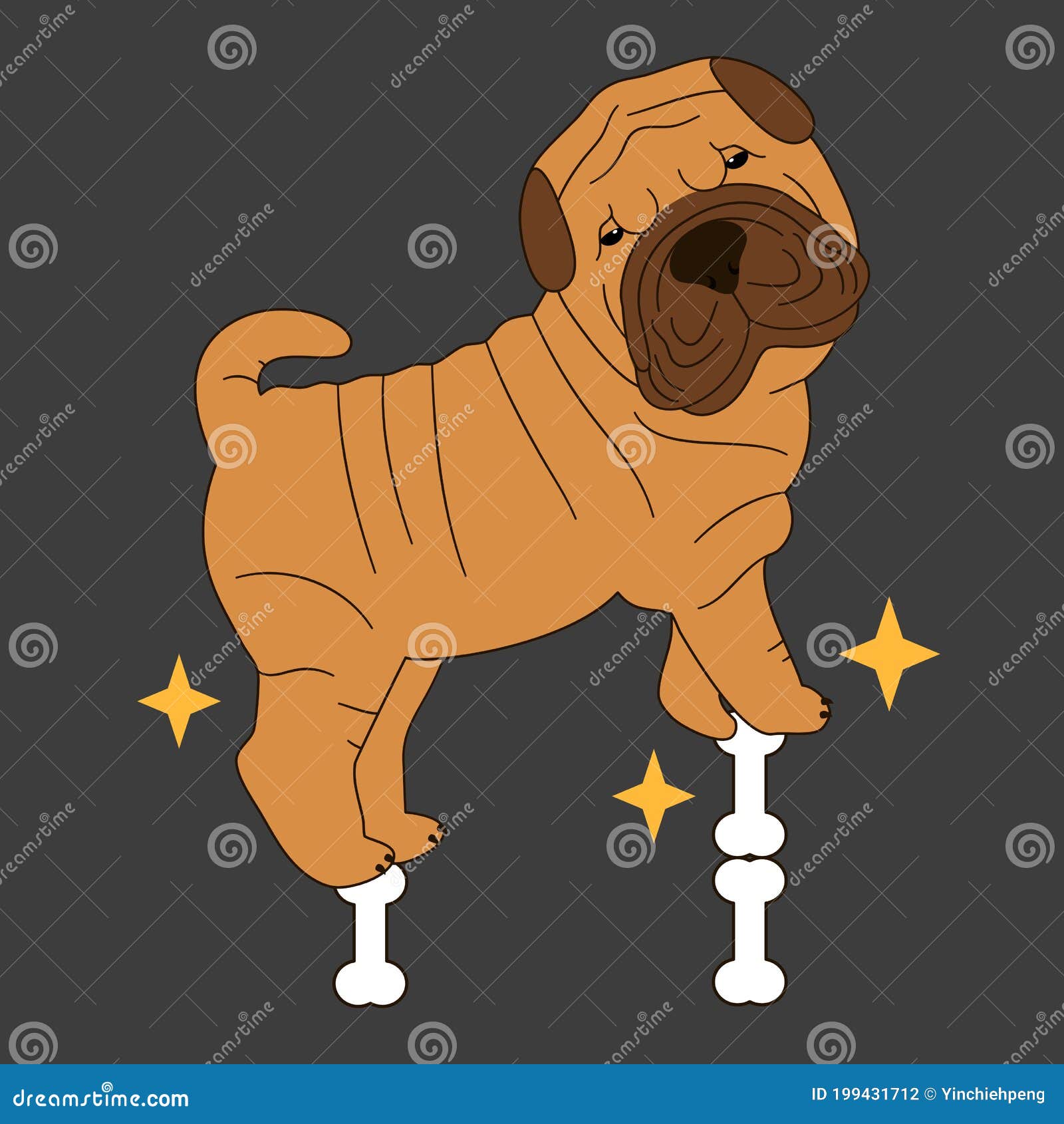 Shar Pei Dog Standing On Dog Bone Isolated On Gray Background. Cartoon ...