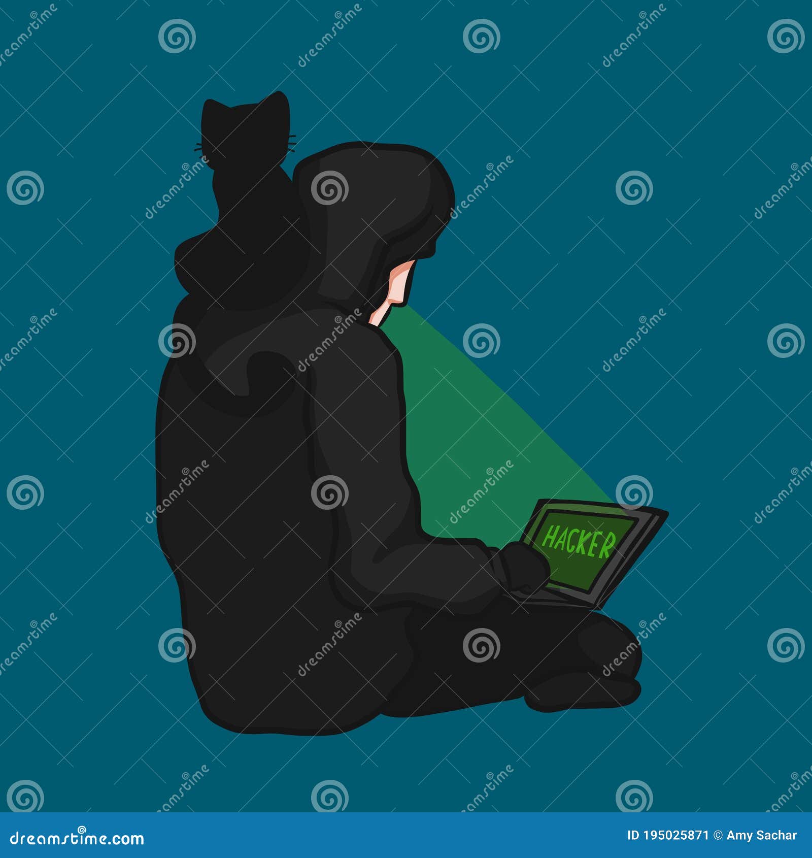 Hacker Using Laptop with Black Cat Friend Cartoon Illustration Stock ...