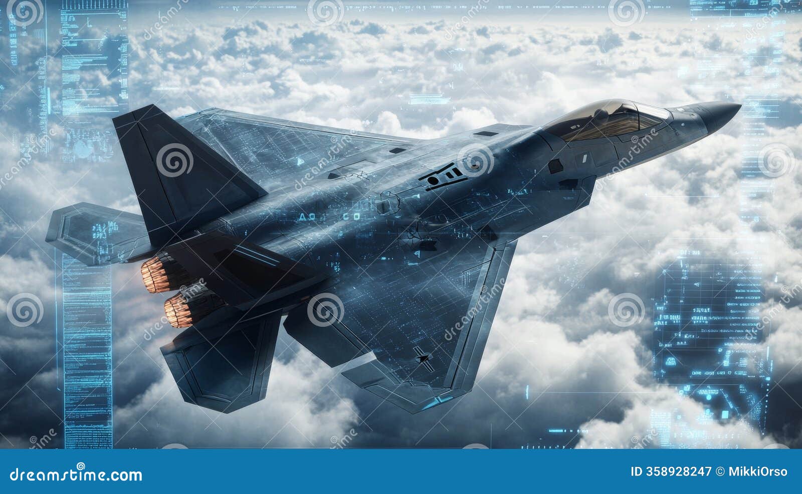 F 20 Fighter Jet in Flight among Clouds with Futuristic Air Combat Data ...