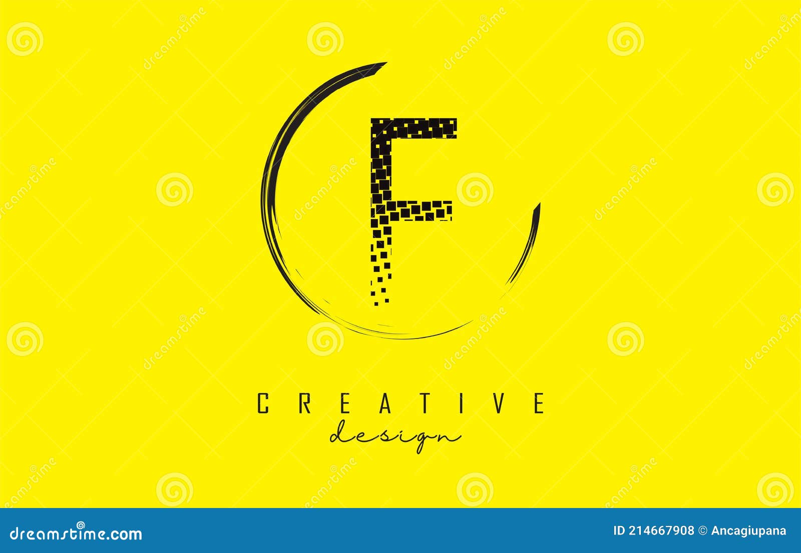 F Letter Logo Design with Black Dots and Circle Frame on Bright Yellow ...