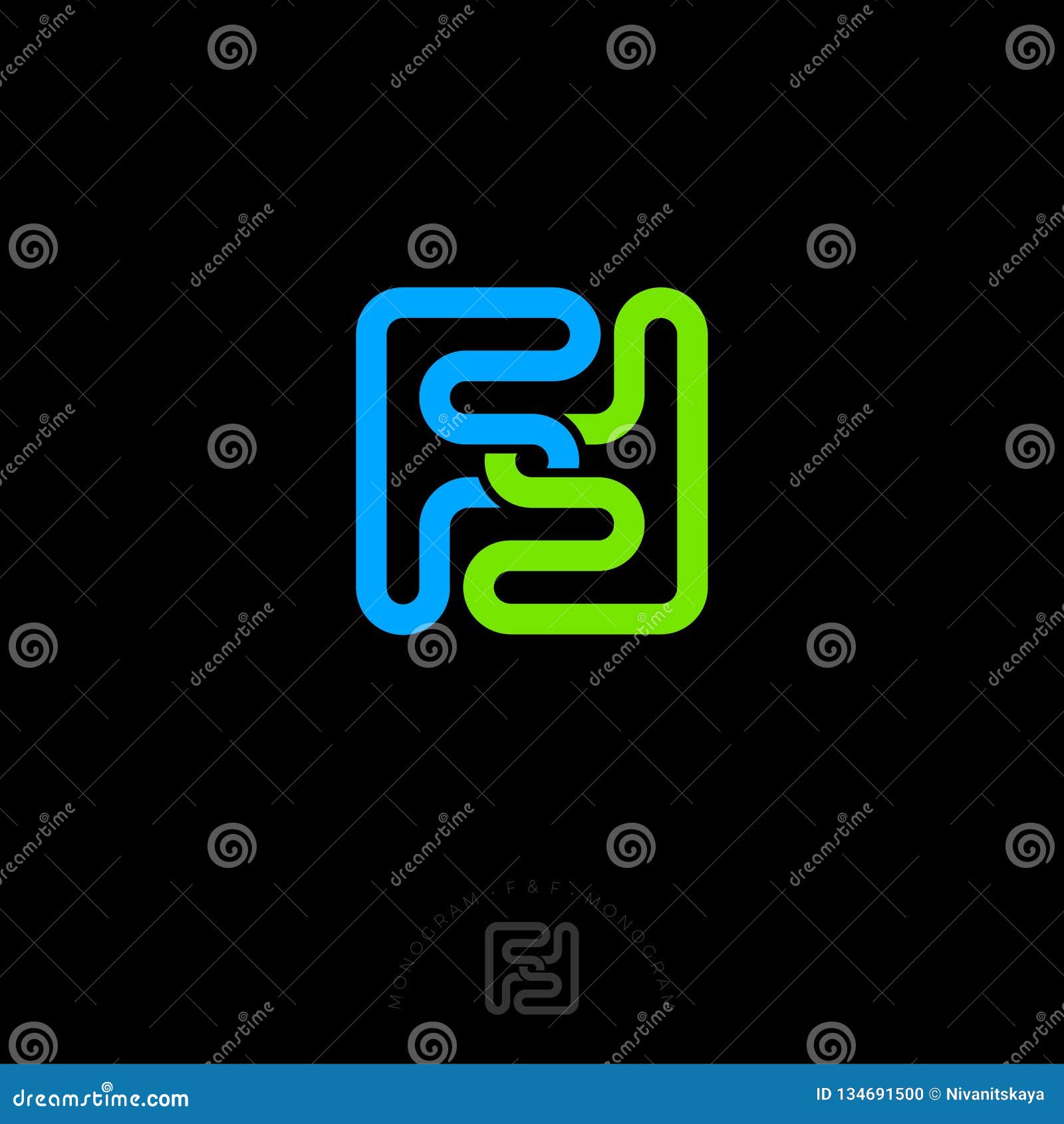 F and F Letters. Double F Monogram Consist of Green and Blue Lines ...