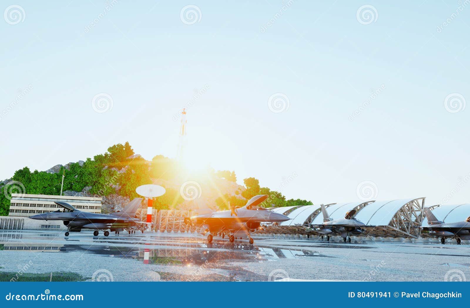 F 16 Military Fighter Jet. Military Base. Sunset. 3d Rendering. Stock ...