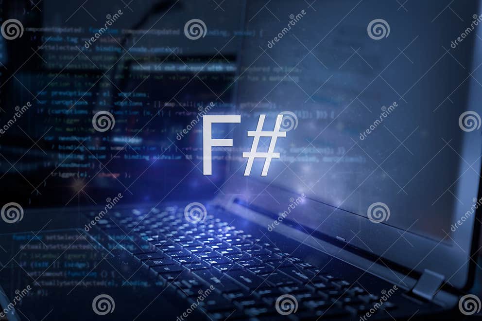 F# F Sharp Inscription Against Laptop and Code Background. Technology ...