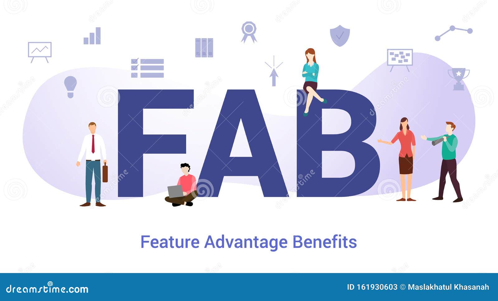 Fab Feature Advantage Benefits Concept with Big Word or Text and Team ...