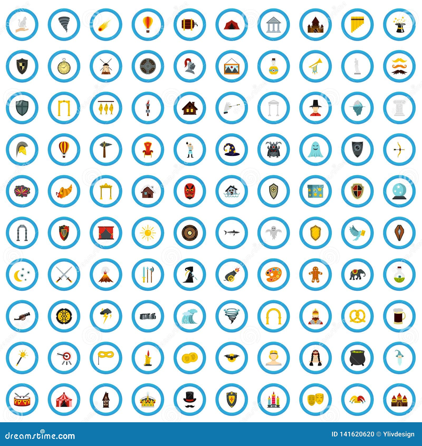 100 Fable Icons Set, Flat Style Stock Vector - Illustration of fantasy ...