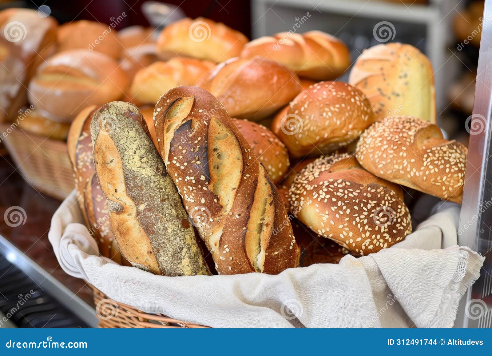 Fabric Basket Full of Assorted Bread at a Bakery Counter Stock Photo ...