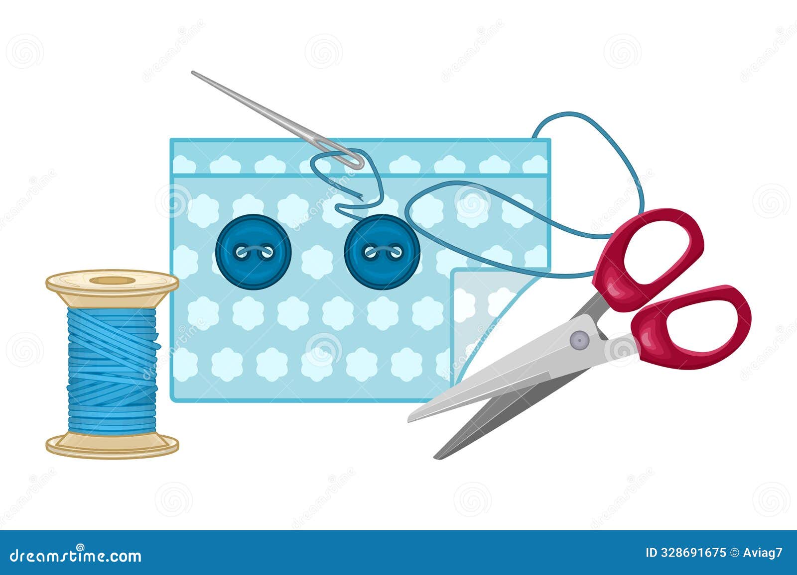 Fabric, Button, Scissor And Spool For Thread Isolated On White ...