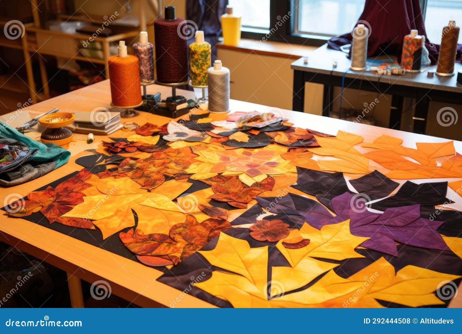 Fabric Cutouts for a Fall-themed Quilt on a Sewing Table Stock Photo ...