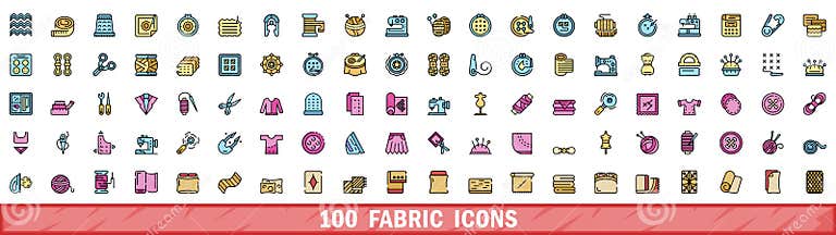 100 Fabric Icons Set, Color Line Style Stock Vector - Illustration of ...