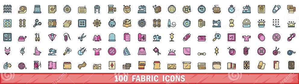 100 Fabric Icons Set, Color Line Style Stock Vector - Illustration of ...