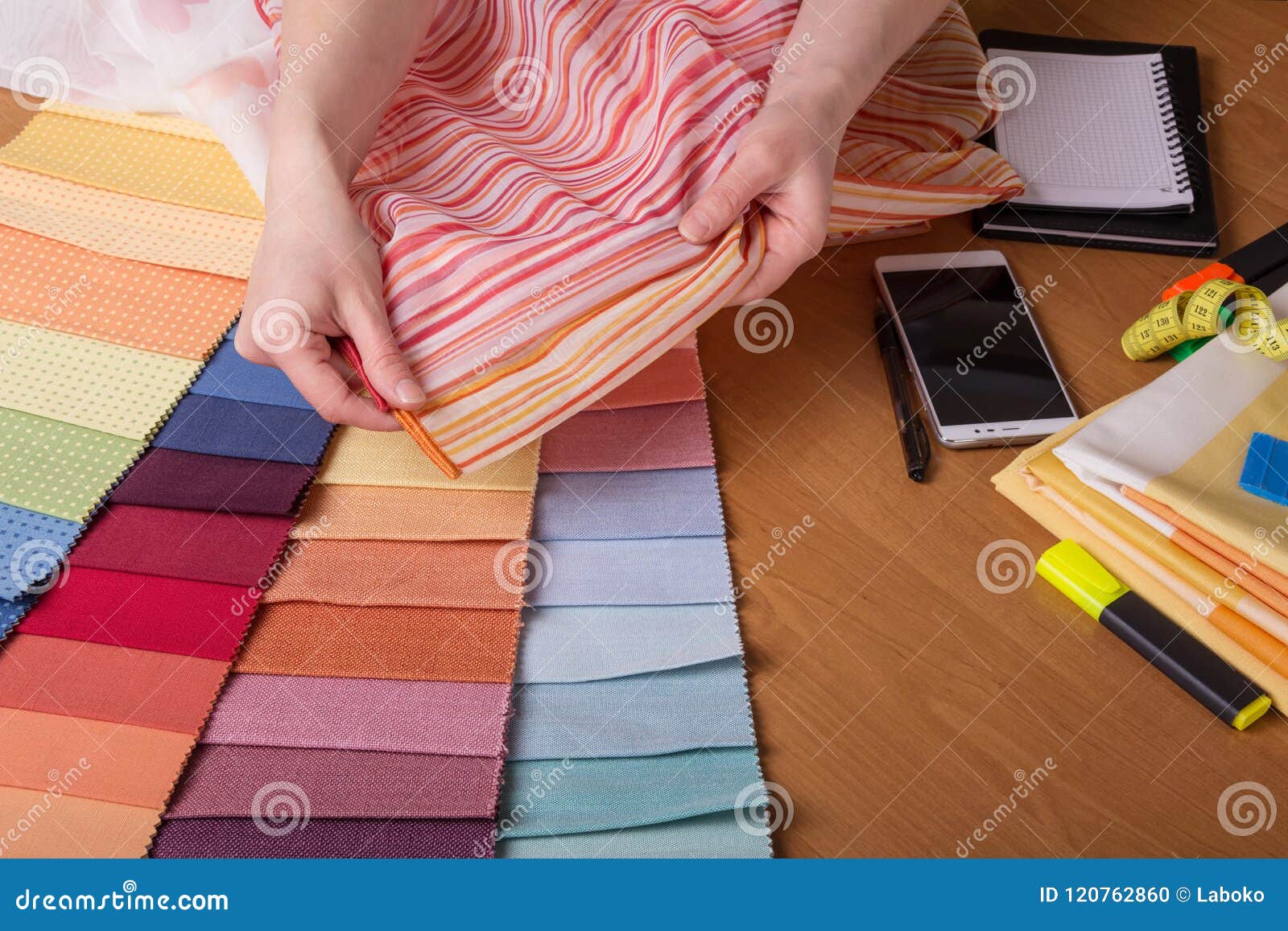 Fabric Samples on Table, Selection of Colour Stock Photo - Image of ...